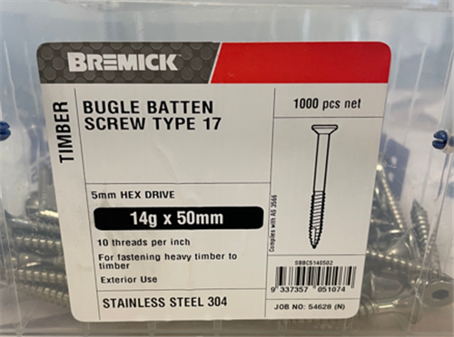 Screws Bugle Batten T17 Hex Drive Stainless Steel 304 14Gx50mm | Agnew ...